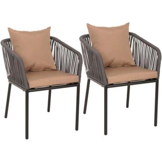 Hhg 2er-Set Gartenstuhl HHG 616, Outdoor Armlehne, wetterfest Aluminium Seilgeflecht Rope anthrazit Kissen taupe