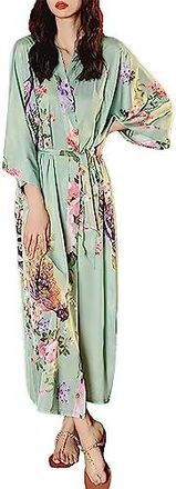 Generic Robe de chambre longue en satin pour femme - Robe de nuit longue en soie grande taille - Robe de nuit en satin - Col en V - Peignoirs doux, Vert, Tail