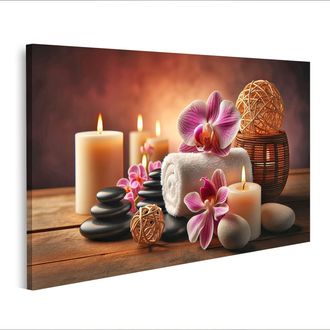 Islandburner Prime Bild auf Leinwand Wellness Momente Entspannungskulisse mit Kerzen und Orchideen - Leinwand 100x57cm