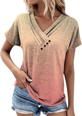 Generic Hauts dété pour femmes 2024 - Col en V - Manches courtes - Style bohème - Décontracté - Ample et confortable, beige, M