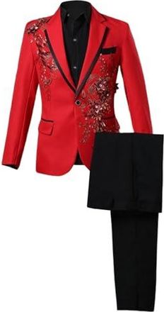 Generic Costume 2 pièces pour homme - Coupe ajustée - Smoking formel - Élégant pantalon avec cravate - Pour mariage, bal de fin dannée, Rouge, XXL