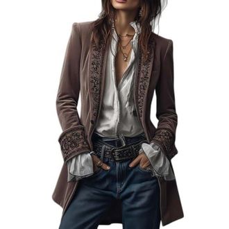 Generic Veste longue brodée vintage en velours de polyester, style décontracté, uni, ouvert sur le devant, cardigan à revers pour Halloween, kaki, XL