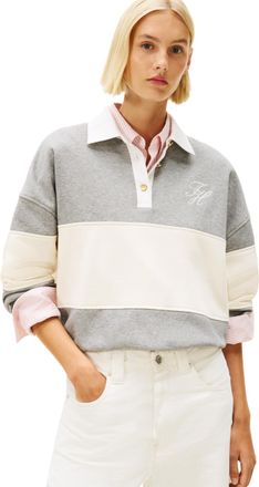 Tommy Hilfiger Damen Gold BTN Rugby Fleece SWTSRT WW0WW48785 Pullover Sweatshirt, Grau (Med Heather Grey), L, Grau (Med Heather Grey), L