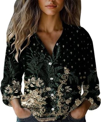 Generico Chemise Femme D&eacute;contract&eacute;e Manches Longues Blouse Coton Et Lin Curvy Grande Taille Chemisier Col en V Doux T Shirt Vintage Fantaisie avec Boutons Mode