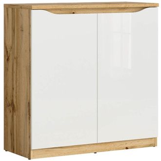 PEGANE Buffet Meuble bas de rangement &agrave; 2 portes, coloris ch&ecirc;ne Wotan/blanc brillant - Longueur 90 x Profondeur 39,5 x Hauteur 91,5 cm