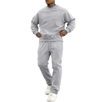 Generic Survêtement athlétique 2 pièces pour homme - Pull et pantalon de jogging en coton mélangé - Manches longues et col rond - Avec poches, Cendré clair, X