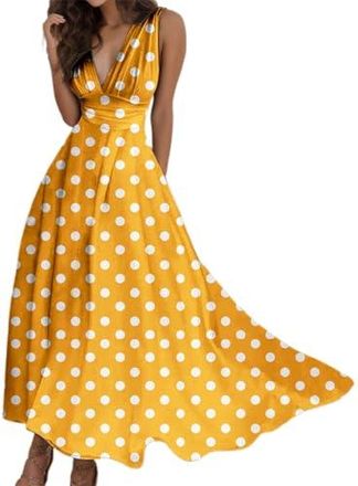 Generic Robe d&eacute;t&eacute; sans manches &agrave; col en V avec poche pour femme - Robe d&eacute;t&eacute; midi &eacute;vas&eacute;e - Robe d&eacute;t&eacute; boh&egrave;me pour les vacances de plage - Robe ample pour les va