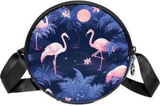 Generic Sac &agrave; bandouli&egrave;re rond pour femme, motif flamants roses, petit sac &agrave; bandouli&egrave;re avec fermeture &eacute;clair, bretelles r&eacute;glables, sac &agrave; main rond d&eacute;contrac