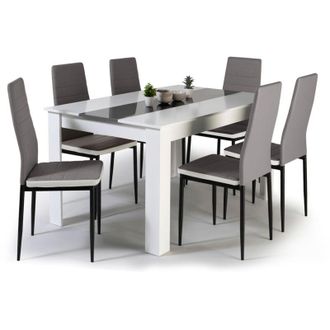 IDMarket Set aus Esstisch GEORGIA 140 cm wei&szlig; und grau und 6 St&uuml;hlen ROMANE grau mit wei&szlig;er Umrandung