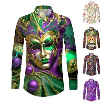 Generic Chemises pour homme - Masque 3D imprim&eacute; &agrave; revers boutonn&eacute; &agrave; manches longues - Haut unique lumineux et respirant pour festival, costume de printemps, v