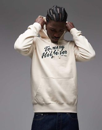 Tommy Hilfiger Sweat &agrave; capuche avec inscription - Cr&egrave;me-Blanc
