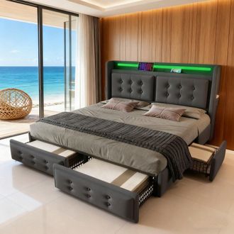 Generic Polsterbett 180x200 cm mit LED-Kopfteil & USB-C Ladefunktion - Graue Baumwolle, 4 Schubladen, 300 kg Belastbarkeit - Inkl. Holzlattenrost & Metallrahm