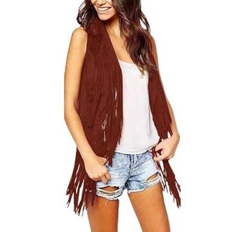 Generic JOASDAO Gilet &agrave; franges pour femme - Style western cowgirl - En daim synth&eacute;tique - Avec pompons - Veste en cuir - Cardigan - Style classique vintage a