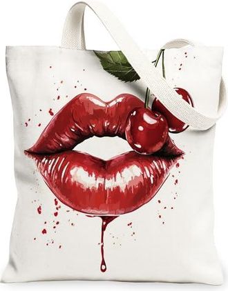 Generic Cherries Kiss Sac fourre-tout en toile r&eacute;utilisable avec motif imprim&eacute; l&egrave;vres &eacute;l&eacute;gantes pour l&eacute;t&eacute; chic l&eacute;ger lavable pour ext&eacute;rieur, voyage, plage, pi
