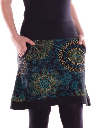 vishes Alternative Bekleidung - Damen Mini-Rock Baumwolle Blumen-Muster elastischer Bund mit Taschen schwarz-gr&uuml;n 34-36