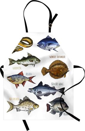 Abakuhaus Angeln Theme Kochschürze, Fische und Namen Info, Digitaldruck Technologie Schmutzabweichent, weiß Multicolor