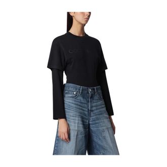 Courr&egrave;ges Femme, Tops, Noir, Taille: 38 FR T-shirt imprim&eacute; logo &agrave; double manche