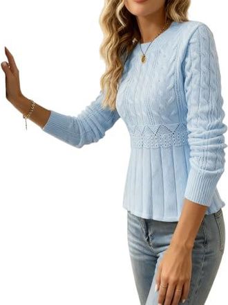 Generic Pull p&eacute;plum pour femme en tricot torsad&eacute;, d&eacute;contract&eacute;, col rond, coupe ajust&eacute;e, pull &agrave; volants en tricot torsad&eacute;, bleu, XXL-6XL