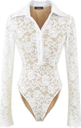 Generic YUJIEBB Body &eacute;l&eacute;gant &agrave; manches longues en dentelle noire pour femme, 1555 Blanc, S