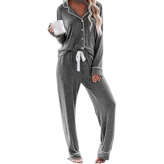 Generic Ensemble de pyjama 2 pi&egrave;ces pour femme, manches longues, boutons vers le bas, pyjama &agrave; manches longues, ensembles de v&ecirc;tements dint&eacute;rieur, gris fonc&eacute;,