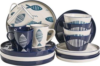Beliani 16-teiliges Tafelservice TAMARIND Porzellan Weiß / Blau