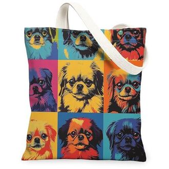 Generic Pop Art Sac fourre-tout en toile motif chien p&eacute;kinois 33 x 38,1 cm, motif chiot abstrait amusant et amusant - Sac d&eacute;picerie r&eacute;utilisable pour femme, a