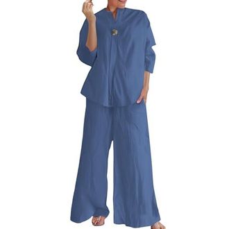 Generic Surv&ecirc;tement deux pi&egrave;ces en velours pour femme - Tenue d&eacute;t&eacute; d&eacute;contract&eacute;e en lin - Col rond - Manches 3/4 - Pantalon &agrave; taille haute et large avec poches