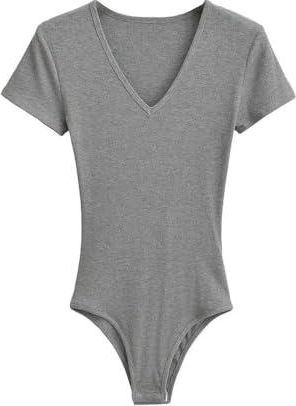 Generic YUJIEBB Body d&eacute;t&eacute; &agrave; manches courtes et col en V c&ocirc;tel&eacute; pour femme &eacute;lastique mince noir blanc top combinaisons, gris, M