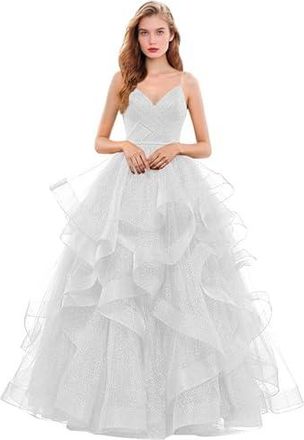 Generic Robe de bal en tulle pailleté avec col en V et bretelles spaghetti, robe de demoiselle dhonneur, robe de soirée formelle longue à étages, blanc, 54 Gr