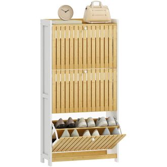HOMCOM Meuble &agrave; chaussures - HOMCOM - 18 paires - 3 tiroirs rabattables, portes en bambou &agrave; lattes - 60x24x118cm - noir et bois naturel