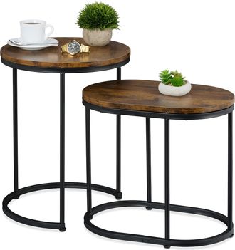 Relaxdays Satztisch 2er Set, oval & rund, Holzoptik, Metall, Wohnzimmer, Industrial Design, Beistelltisch, braun/schwarz