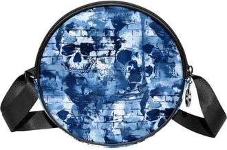 Generic Sac &agrave; bandouli&egrave;re rond rond pour femme, motif t&ecirc;te de mort, bleu, avec fermeture &eacute;clair, bretelles r&eacute;glables