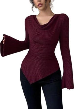 Generic Y2K Bell Haut &agrave; manches longues et &eacute;paules d&eacute;nud&eacute;es pour femme - Asym&eacute;trique - Tricot c&ocirc;tel&eacute; ajust&eacute; - Pull de travail d&eacute;contract&eacute;, bordeaux, XXL