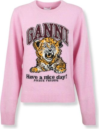 Ganni Graphic Wool Jumper - - Knitwear - Damen - Rosa - M
