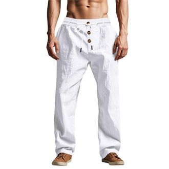 Generic Pantalon de jogging pour homme l&eacute;ger : pantalon en lin avec taille &eacute;lastique pantalon d&eacute;t&eacute; avec bouton vers le bas pantalon &agrave; enfiler jambe droite pan