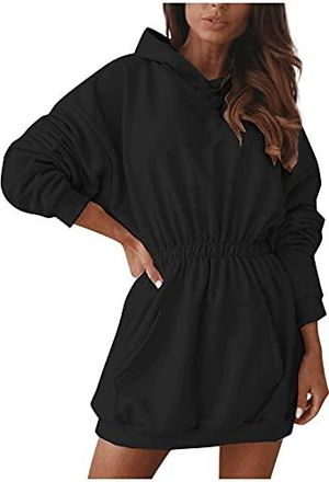 Generic Robe sweat &agrave; capuche &agrave; manches longues pour femme avec fermeture &eacute;clair - Couleur unie - Style d&eacute;contract&eacute; et tendance, Noir, S