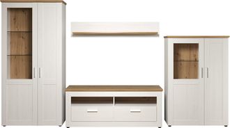 Trendteam Shade - Wohnzimmerkombination - Weiß/Eiche - Vitrine hoch, TV-Unterteil, Wandboard, Vitrine halbhoch - (BxHxT) 368 x 194 x 45 cm - silberfarbene Griff