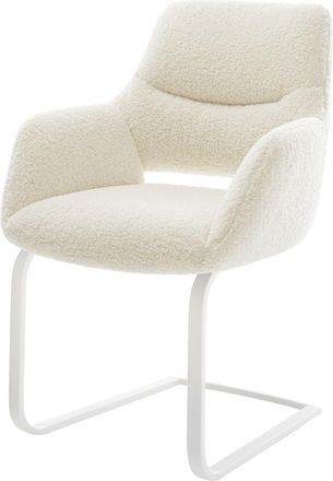 DELIFE Schwingstuhl Yago-Flex mit Armlehnen Freischwinger flach Wei&szlig; Teddystoff Beige Taschenfederkern