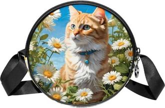 Generic Petit sac &agrave; bandouli&egrave;re rond pour femme, motif chat et fleur, sac &agrave; dos avec fermeture &eacute;clair, bretelles r&eacute;glables, sac &agrave; main rond d&eacute;contract&eacute; pour f