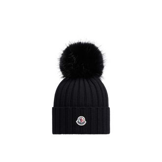 Moncler Moncler Bonnet En Laine Avec Pompon, Femme, Noir, Taille: Uni