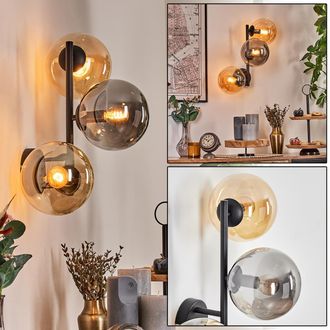 HOFSTEIN Wandleuchte Gastor, Wandlampe aus Metall/Glas in Schwarz/Rauch/Bernstein, moderne Leuchte im Retro/Vintage-Design (Schirme &Oslash; 15 cm), E14, Wohnzimmer, 