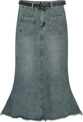 Generic Jupe sir&egrave;ne &eacute;vas&eacute;e mi-Longue en Jean r&eacute;tro pour Femme avec Ceinture - Bleu - L