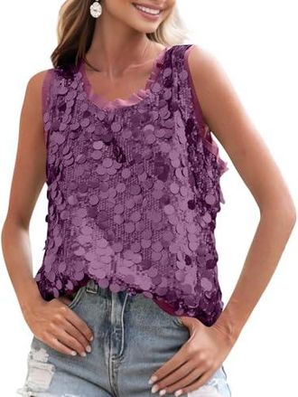 Generic Debardeur Femme Chic et &eacute;l&eacute;gant Chemisier sans Manche D&eacute;bardeur Court Crop Top Ete Haut a Paillette Chic et Elegant Fluide Ample Caraco Vetement Femme