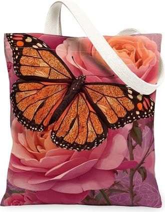 Generic Sacs fourre-tout en toile motif floral papillon, sacs r&eacute;utilisables &eacute;l&eacute;gants &agrave; motif floral, sacs &agrave; bandouli&egrave;re lavables et l&eacute;gers, p&ecirc;che, 13x15 Inch