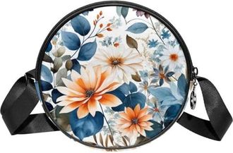 Generic Petit sac &agrave; bandouli&egrave;re circulaire pour femme, motif feuilles florales, sac &agrave; dos avec fermeture &eacute;clair, bretelles r&eacute;glables, sac &agrave; main rond d&eacute;contra