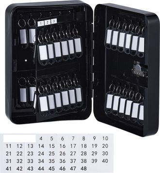 Relaxdays Schl&uuml;sselkasten, Zahlenschloss, 48 Haken, mit Schl&uuml;sselanh&auml;ngern, HBT: 25 x 18 x 7,5 cm, Schl&uuml;sselbox, schwarz