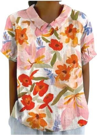 Generic T-shirt d&eacute;t&eacute; pour femme - Col rond &eacute;l&eacute;gant - Col rond - Chemise en lin imprim&eacute;e - Pull ample - T-shirt d&eacute;contract&eacute;, Rose, XXL