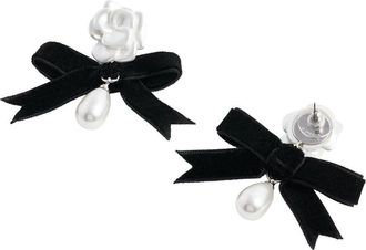 Self Portrait Womens Pearl Black Bow Earrings White Brass