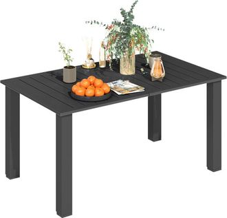 OUTSUNNY Table de jardin - Outsunny - pour 4 &agrave; 6 personnes - avec trou pour parasol - plateau en m&eacute;tal &agrave; lattes, structure en acier - noir