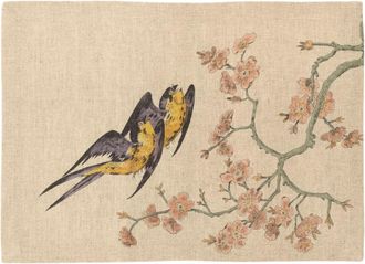 Fabulous Tischset aus Leinen - Schwalben und Sakura, traditionelle japanische Illustration, gepr&auml;gtes Design, gro&szlig;es Format 40 x 28,5 cm
